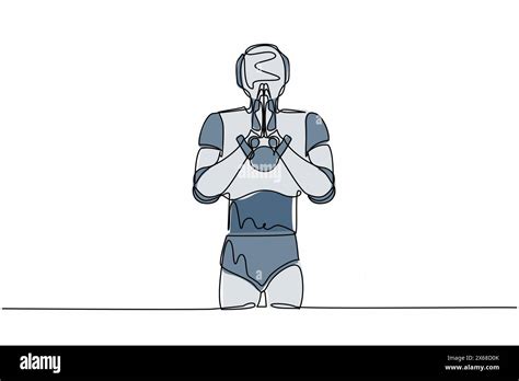 Single Continuous Line Drawing Robot Standing With Holding Palms In