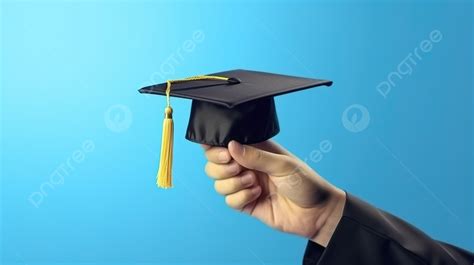 교육의 끝을 상징하는 졸업 모자를 들고 손으로 파란색 배경 교육 모자 학생 모자 학위 캡 배경 일러스트 및 사진 무료