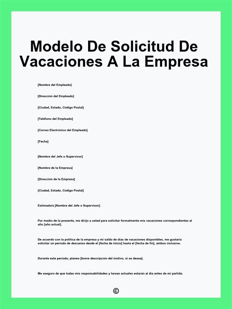 Modelo De Solicitud De Vacaciones A La Empresa