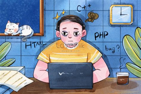 프로그래머가 코드를 작성하고 늦게까지 깨어 있는 모습을 손으로 그린 수채색 프로그래머 데이 그림 일러스트 무료 다운로드