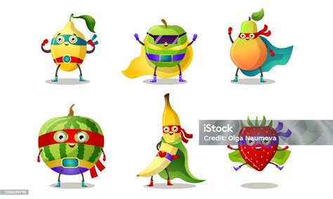 마스크와 망토에 슈퍼 히어로 인간화 문자 과일과 베리의 집합입니다 평면 만화 스타일의 벡터 일러스트레이션입니다 과일에 대한 스톡