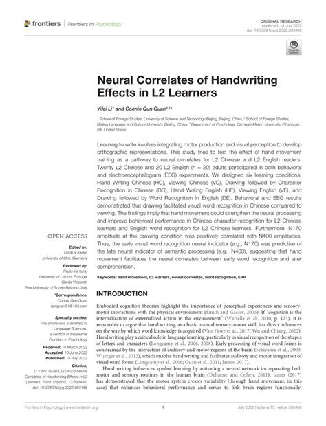 Pdf Neural Correlates Of Handwriting Effects In L2 Learners