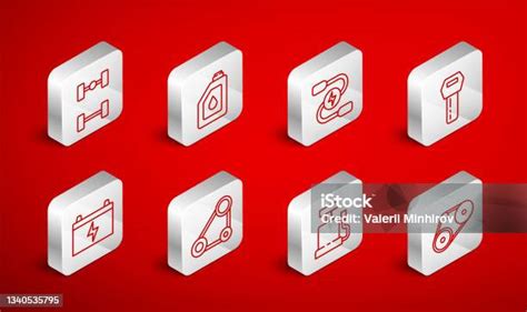 세트 라인 타이밍 벨트 키트 모터 오일 캐니스터 자동차 배터리 점퍼 전원 케이블 원격 공기 펌프 섀시 자동차 아이콘키 벡터 3차원 형태에 대한 스톡 벡터 아트 및 기타