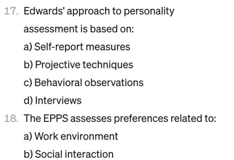 Solved Edwards Approach To Personality Assessment Is Based