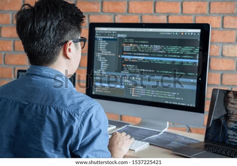 Young Professional Programmer Working Developing Programming Stock
