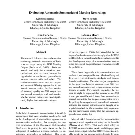 Evaluating Automatic Summaries Of Meeting Recordings Acl Anthology