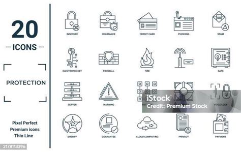보호 선형 아이콘 집합입니다 얇은 선 안전하지 않은 전자 키 서버 보안관 지불 화재 보고서 프리젠 테이션 다이어그램 웹 디자인을위한 음성 잠금 아이콘 포함 0명에 대한 스톡