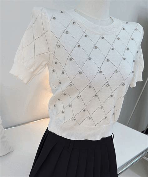 [여리여리 3col ]다이아펀칭 스와 포인트 반팔 니트 티 크롭니트 보석티 에이블리