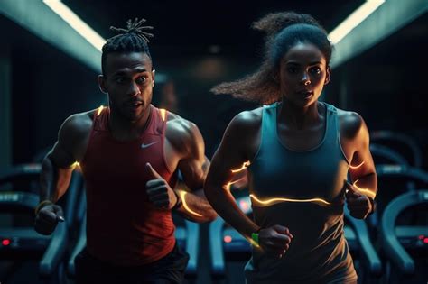 Premium Photo Runners Run In The Gym On A Treadmill Generative Ai
