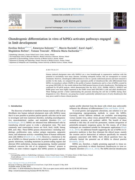 Pdf Chondrogenic Differentiation In Vitro Of Hipscs Activates
