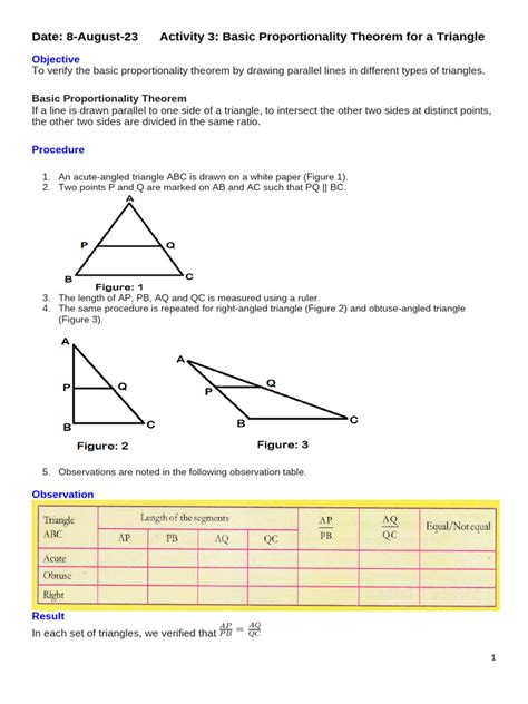Activity 3 Basic Proportionality Theorem For A Triangle For Students Pdf