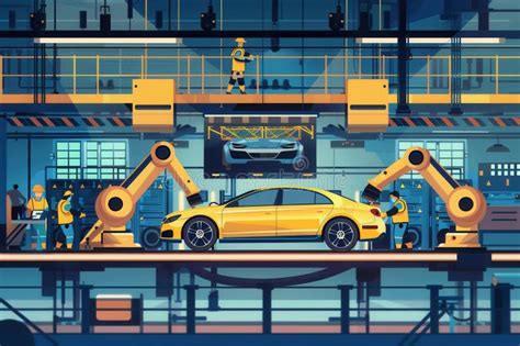 A Digital Illustration Depicting A Dynamic Car Assembly Line With