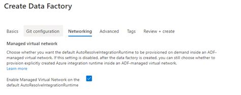 support for managed virtual networking in azure data factory · issue