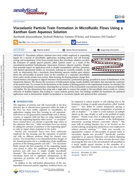 Pdf Viscoelastic Particle Train Formation In Microfluidic Flows Using A Xanthan Gum Aqueous
