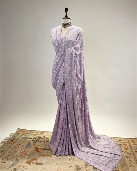 Lavender Fine Do Taar Chikankari Saree Including Jaali Hathkati Phanda Nidhitambi