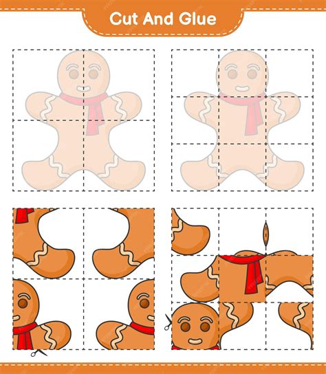 Gingerbread Man의 잘라낸 부분을 자르고 붙이고 붙입니다 교육용 어린이 게임 인쇄용 워크시트 벡터 일러스트 레이 션