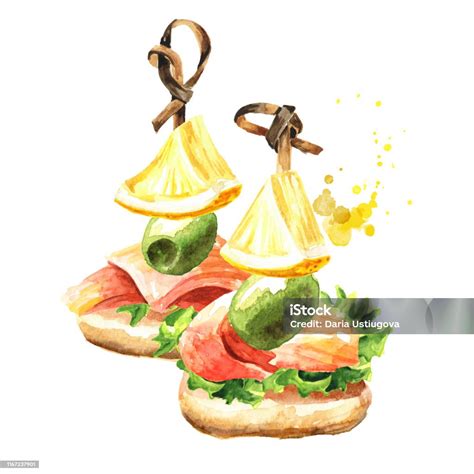 축제 테이블에 대한 전채 신선한 연어 필레 올리브 레몬 슬라이스를 곁들인 미니 카나페 흰색 배경에 격리 된 수채화 손으로 그린