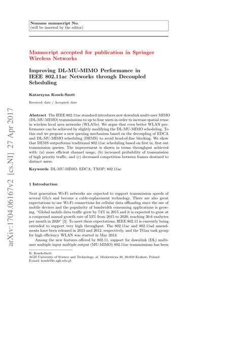 Pdf Improving Dl Mu Mimo Performance In Ieee 80211ac Networks