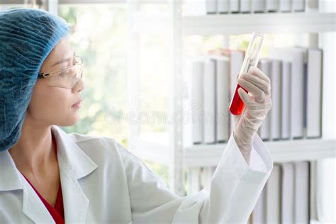 Microscope With Hand Holding Flask Babe Woman Scientist Or Chemist Wearing Safety Glasses