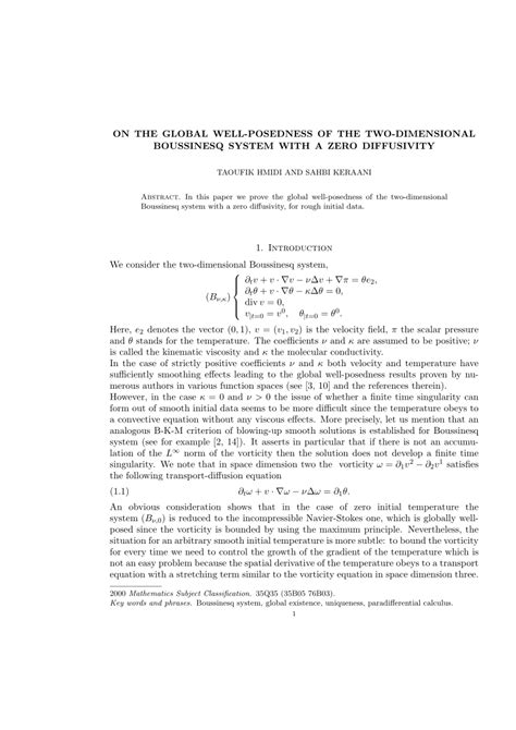 Pdf Global Well Posedness Result For Two Dimensional Boussinesq System With A Zero Diffusivity