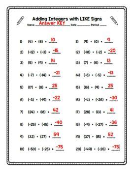 Adding Integers With LIKE Signs Worksheet And Answer KEY Worksheets Library