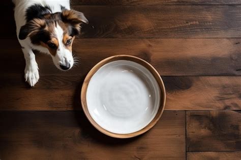 Premium Photo Dog Tries To Eat From Empty Ceramic Plate On Old