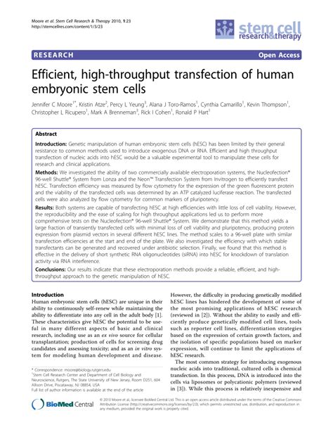 Pdf Efficient High Throughput Transfection Of Human Embryonic Stem Cells