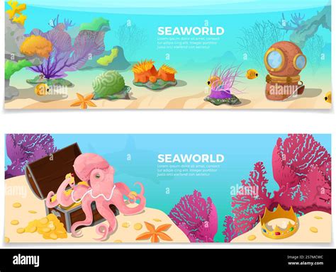 Seaworld Word On Underwater Background Vector Illustration Set Crown