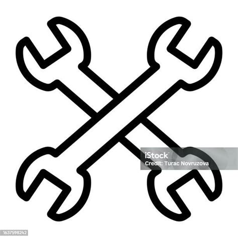 렌치 라인 아이콘입니다 두 개의 교차 핸들 도구 기술 또는 수리 항목 기호 흰색 배경에 윤곽선 스타일 픽토그램 모바일 웹 디자인을 위한 구성 벡터 그래픽 0명에 대한 스톡