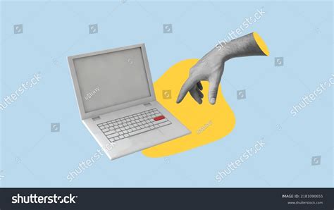 Hand Reaches Red Button On Laptop Stock Illustration Shutterstock