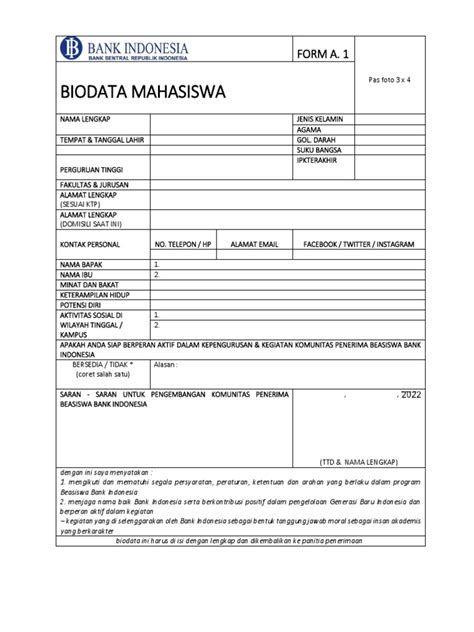 Form A1 Pendaftaran Beasiswa Bi Pdf