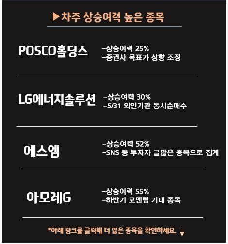 차주 상승여력 높은 종목 Posco홀딩스 에스엠 외
