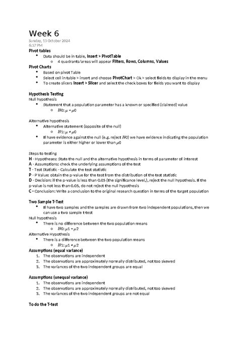 Week 6 Stat1250 Week 6 Notes Week 6 Sunday 13 October 2024 637 Pm Pivot Tables Data Should