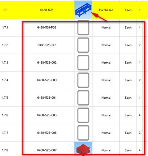 inseparable sub assemblies showing all parts in structured bom export