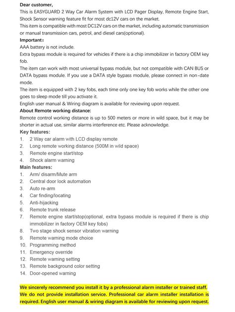 EASYGUARD EC DC V Way Car Alarm System With LCD Pager Display Keyless Entry Remote Engine