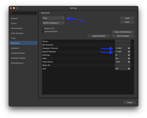 keyboard shortcut for export slices in designer s export persona