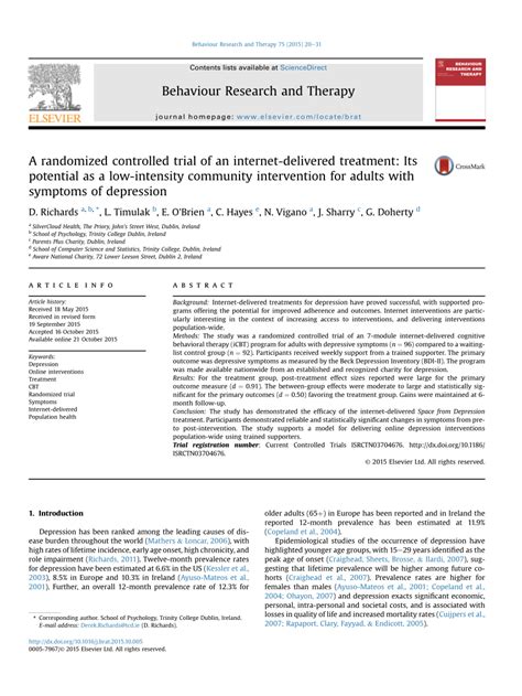 Pdf A Randomized Controlled Trial Of An Internet Delivered Treatment Its Potential As A Low