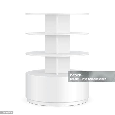 흰색 배경에 고립 된 선반 제품 슈퍼마켓 빈 빈 디스플레이 대 한 화이트 라운드 Pos Poi 마분지 바닥 디스플레이 랙 디자인을 위한 준비 제품 포장 벡터 Eps10 3