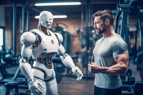 Premium Photo Robot Fitness Coach Assisting Human With Heavy Barbell Uniting Technology And
