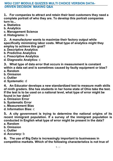 WGU C207 MODULE QUIZZES MULTI CHOICE VERSION DATA DRIVEN DECISION MAKING QUESTIONS AND ANSWERS