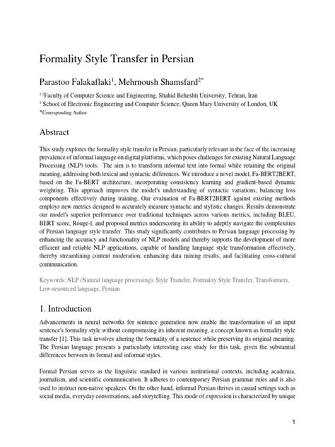 Formality Style Transfer In Persian Pdf Mean Squared Error Linguistics