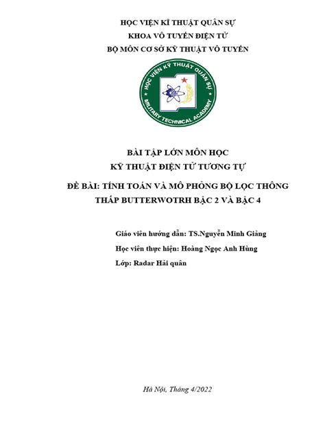 Bài Tập Lớn Môn Học Kỹ Thuật Điện Tử Tương Tự Đề Bài Tính Toán Và Mô Phỏng Bộ Lọc Thông Thấp