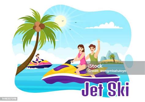 사람들은 제트 스키 벡터 일러스트레이션 여름 방학 레크리에이션 익스트림 수상 스포츠 및 리조트 해변 활동을 손으로 그린 플랫 만화 템플릿으로 타고 있습니다 강에 대한 스톡