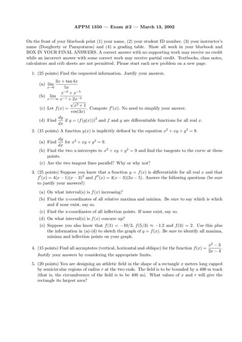 5 Problems On Calculus I For Engineers Past Exam 2 Appm 1350 Docsity