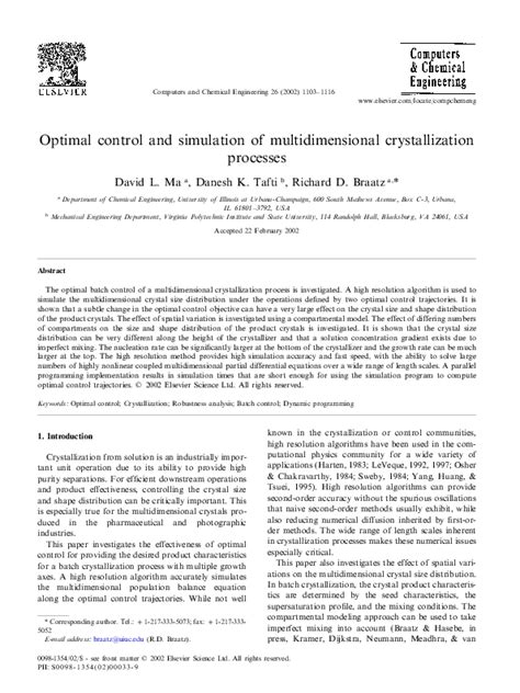 Pdf Optimal Control And Simulation Of Multidimensional Crystallization Processes