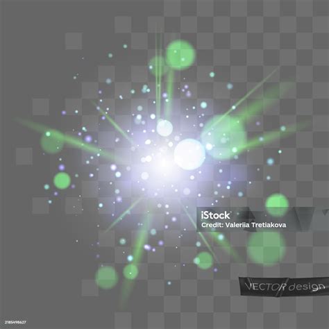 백색 먼지 벡터 불꽃 놀이 폭발 및 녹색 Bokeh 광선 벡터 일러스트 레이 션은 투명한 배경에 고립되어 있습니다 휴일 광선 카드 파티 디자인 전단지 포스터 배너 웹 광고