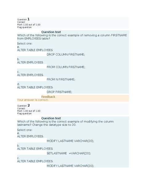 Database Management System 1 Question 1 Correct Mark 1 Out Of 1 Flag