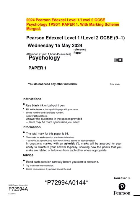 2024 Pearson Edexcel Level 1/Level 2 GCSE Psychology 1PS0/1 PAPER 1 ...