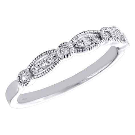 14k White Gold Diamond Wedding Band Stackable Milgrain Anniversary Ring