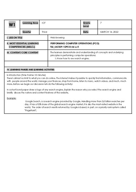 Internet Computing Fundamentals 7 W Learning Area Icf Grade Level 7
